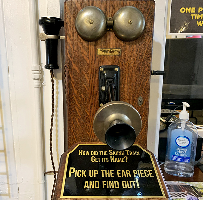 "How did the Skunk Train get its name?" This vintage telephone invites curious visitors to dial into history, no smartphone required.