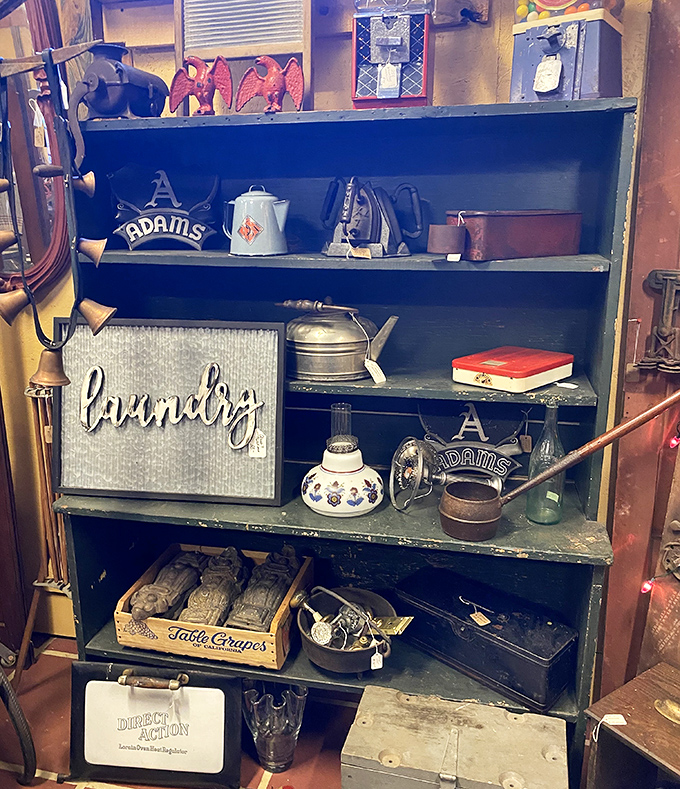 This isn't just a shelf of vintage housewares&mdash;it's a museum of American domestic life where every enamel pot and tin sign tells a story.