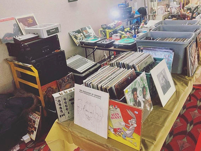 Vinyl records stack like musical time capsules, each album holding the soundtrack to someone's golden years.