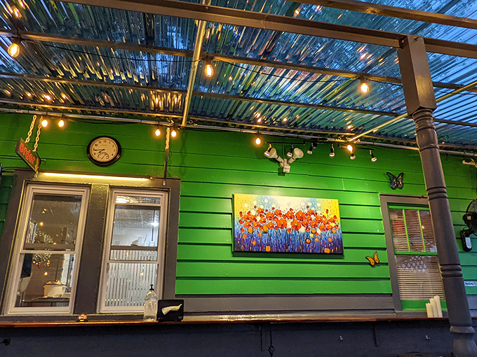 Local artwork adds soul to these walls, proving community spirit tastes better than any seasoning.