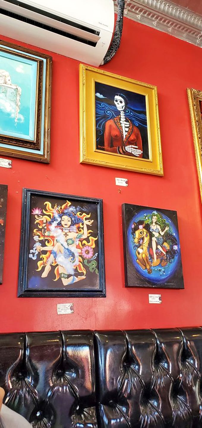Authentic Mexican artwork adorns the walls, creating an atmosphere that feels genuinely welcoming and culturally rich. 