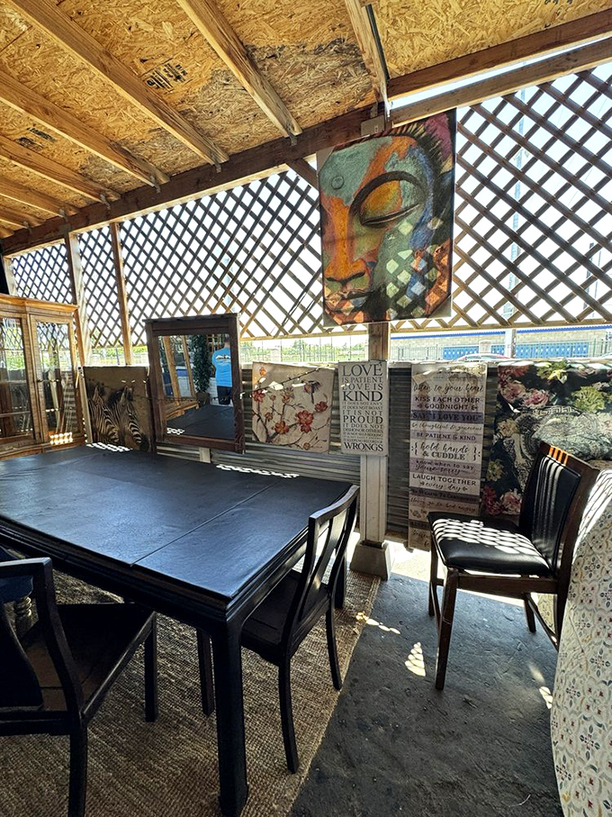 The dining area features inspirational artwork and Buddha imagery, creating a peaceful vibe that encourages you to slow down and savor every bite.