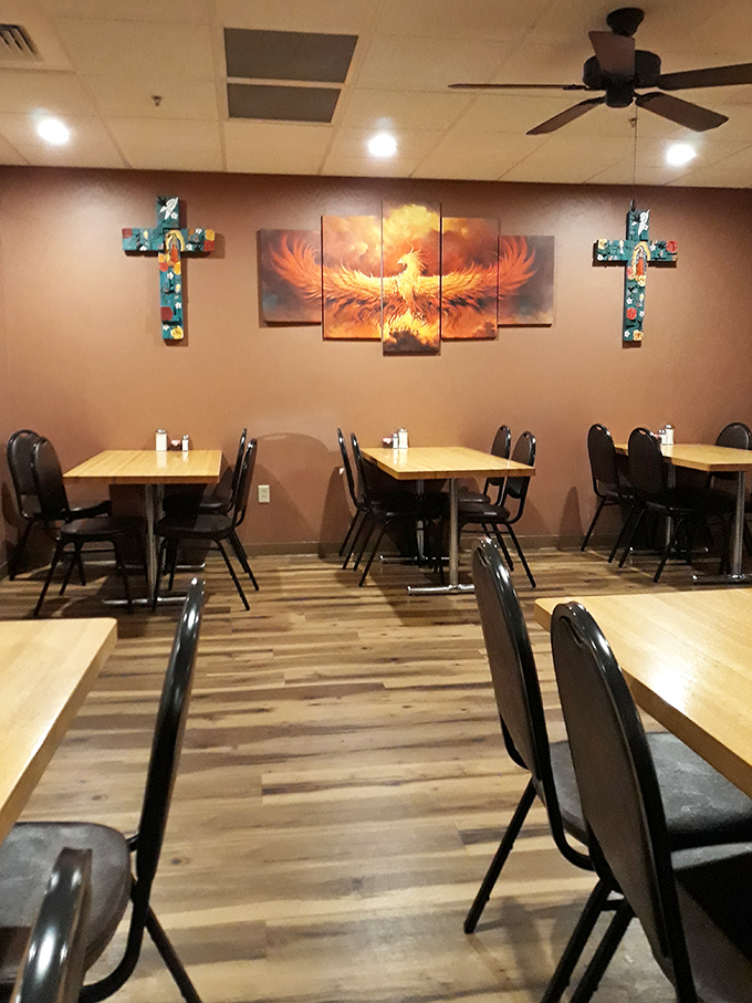 Colorful wall art adds authentic charm without crossing into theme restaurant territory - tastefully done.