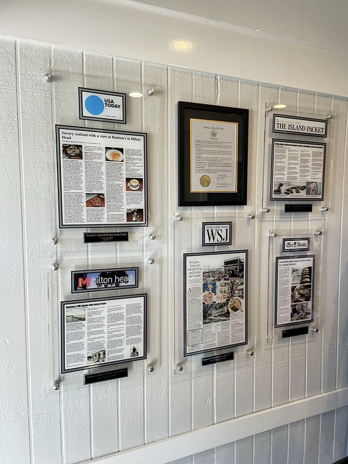 The wall of fame showcases Hudson's media spotlight moments. Even USA Today and WSJ couldn't resist the siren call of fresh seafood.