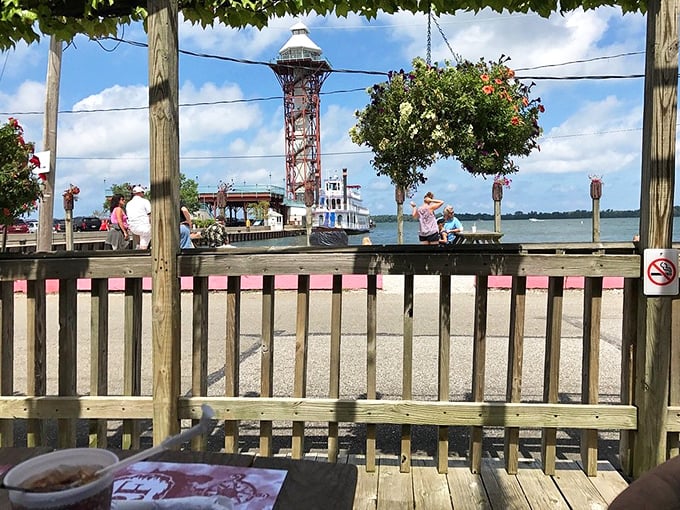 That's not just a view—it's dinner theater starring Lake Erie and Erie's iconic observation tower. The railing is just there to keep you from floating away in bliss.
