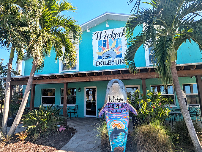 Wicked Dolphin Distillery: where "research" becomes your new retirement hobby. That turquoise building houses liquid Florida sunshine.