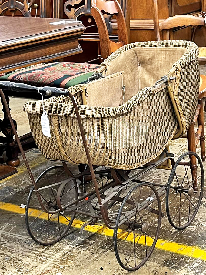 This wicker baby carriage rolled countless infants around when strollers didn't need cup holders and GPS tracking systems.