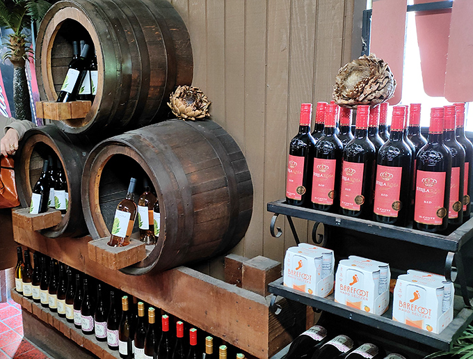 Beyond artichokes: The restaurant's wine display showcases local California vintages nestled in rustic barrels&mdash;perfect pairings for your thorny vegetable feast.