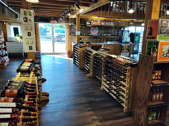 Ohio wines line the shelves like liquid souvenirs. Because nothing says "I remembered you" like a bottle from Amish Country.