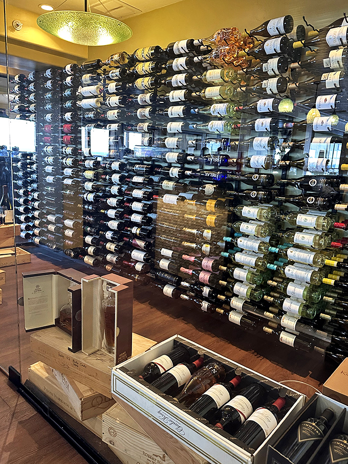 Wine bottles displayed like precious artifacts in a museum dedicated to the art of fermented grape juice&mdash;Indiana Jones would approve.