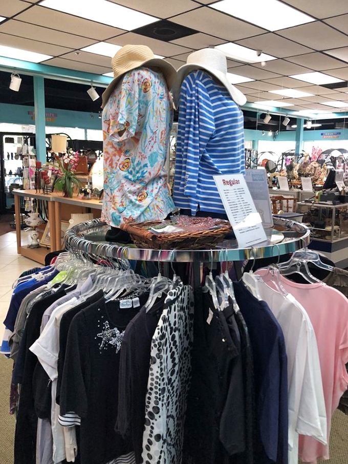 Mannequins modeling Florida's unofficial uniform: bright patterns and breathable fabrics. That floral shirt has witnessed more early bird specials than you can imagine.