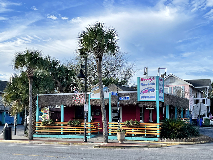 Woody's Pizza brings tropical vibes to Center Street with its thatched roof and vibrant colors. Beach hunger meets its match in this local favorite.