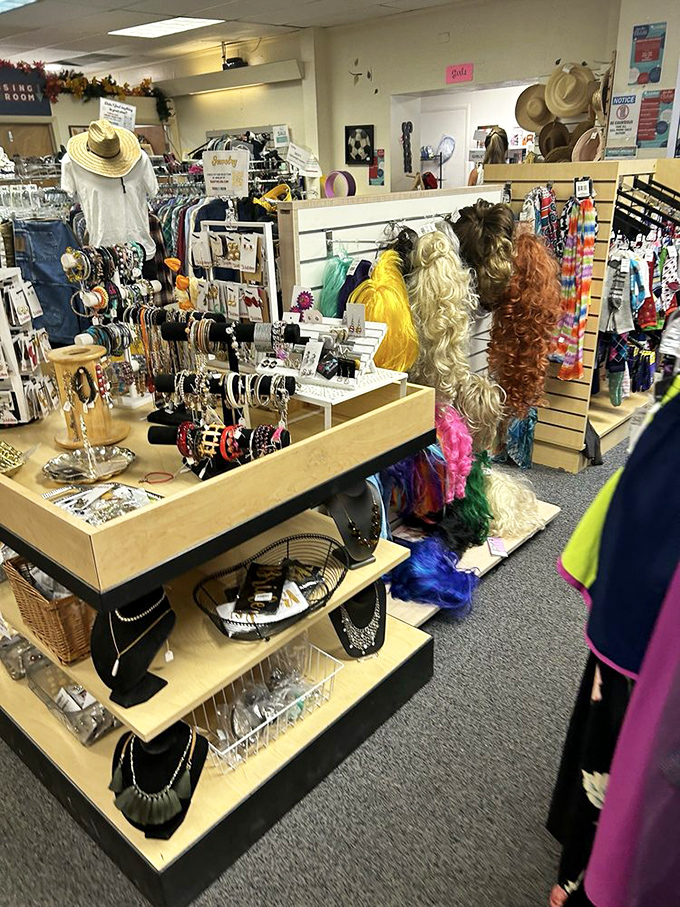 The accessories corner offers costume jewelry, colorful wigs, and endless possibilities for both practical everyday wear and Halloween preparations all year round.