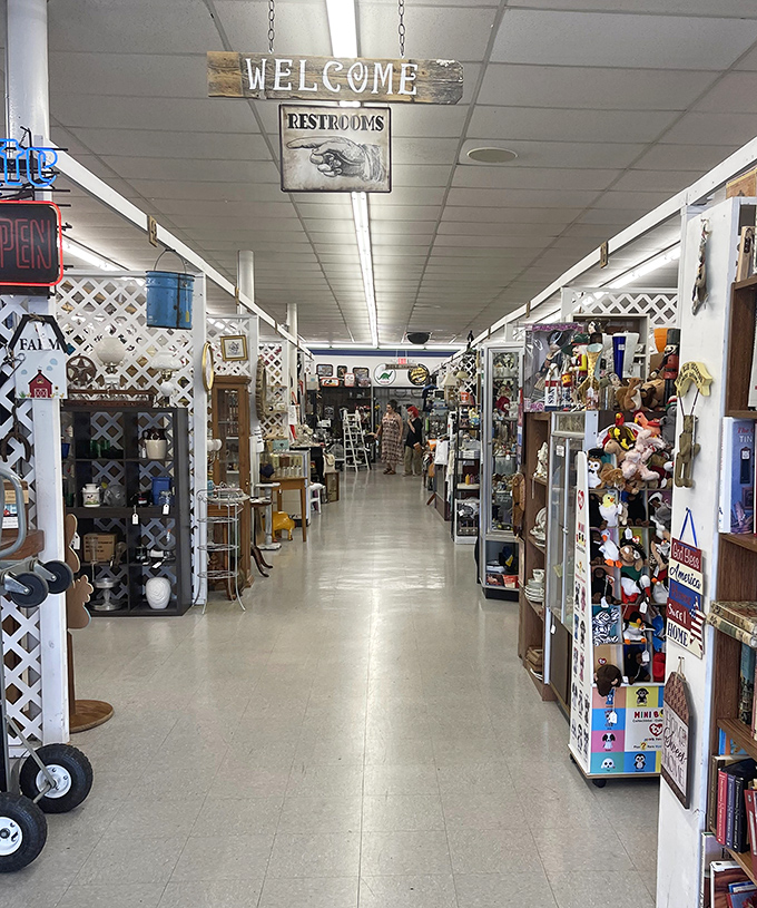 The welcome sign says it all &ndash; restrooms and treasures, life's two essential discoveries.