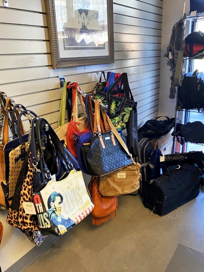 Handbags in every imaginable color and pattern hang like exotic fruit, including that leopard print tote practically screaming your name.