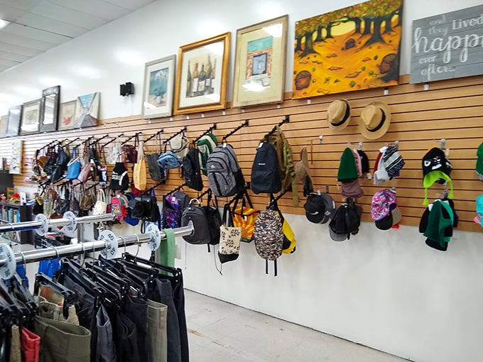 Backpack heaven or purse paradise? Why choose when Bridge Thrift offers both, hanging like fashionable fruit ready for the picking.