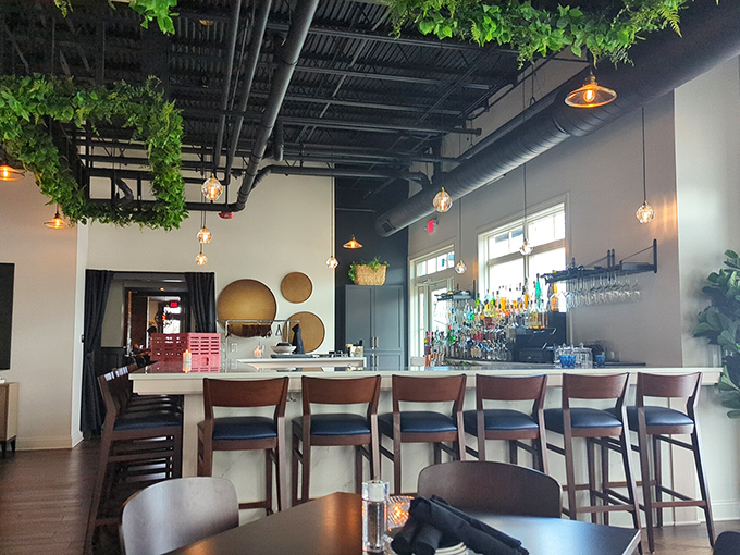 The bar area's hanging greenery creates an urban jungle vibe, perfect for sipping something crafted while pretending you're on vacation.