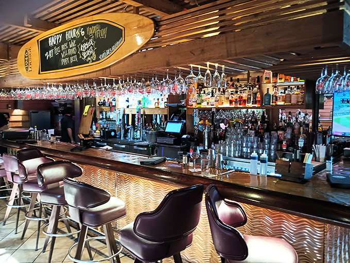 The bar isn't just stocked&mdash;it's an adult candy store where the bottles glow like treasures and every stool promises adventure.