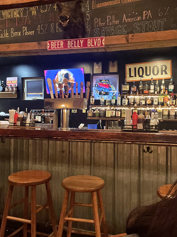 The bar area whispers, "Stay awhile," with its chalkboard beer menu and "Beer Belly Blvd" sign&mdash;a roadmap to happiness for the hop-inclined visitor.