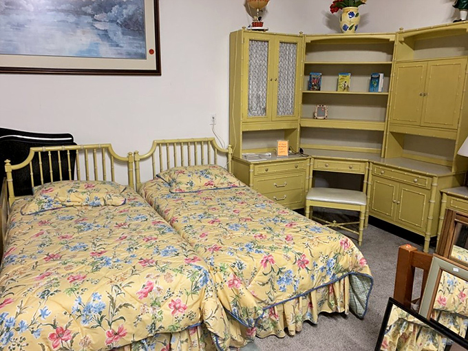 Bedroom suite or time machine? This yellow bedroom set could transport you straight back to your grandmother's guest room.