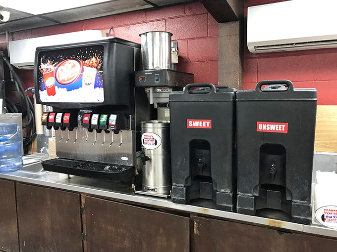 Sweet or unsweet? The beverage station stands ready to quench the inevitable thirst that comes after consuming Texas' finest smoked meats.