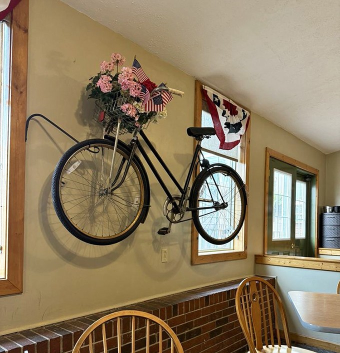 A vintage bicycle mounted on the wall—because sometimes the best restaurant decor items are things you'd never expect to see indoors.
