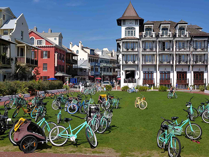Bicycles in every color of the rainbow stand ready to transform visitors into locals, at least until checkout time.