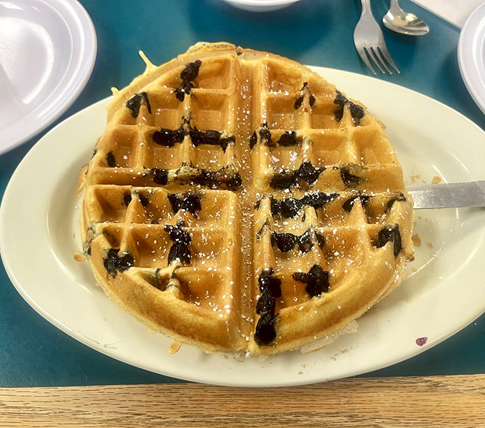 A waffle that understands the importance of texture – crisp exterior giving way to fluffy interior. Those chocolate bits aren't accidents – they're intentions.