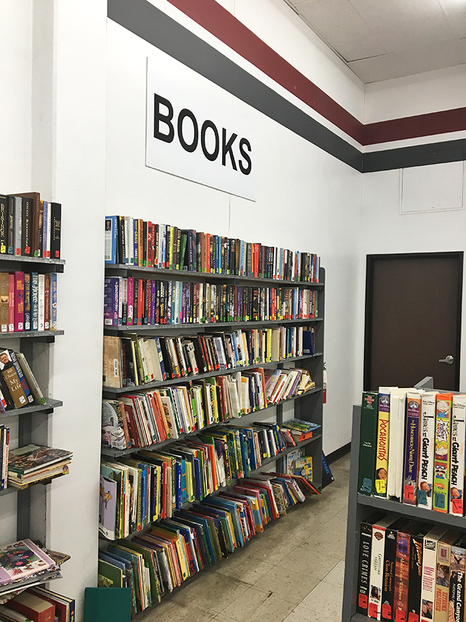 Literary treasures stacked spine-out, waiting for new readers. The book section offers everything from bestsellers to forgotten classics.