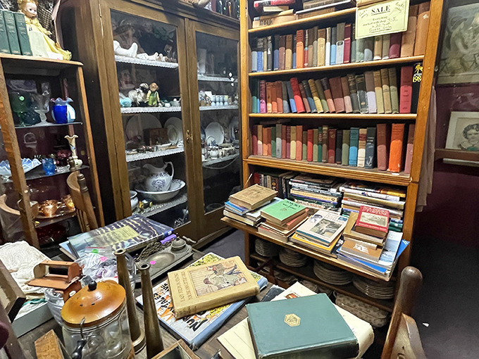 Literary treasures stacked alongside vintage china &ndash; the perfect corner for anyone who enjoys both reading and the occasional decorative teacup.