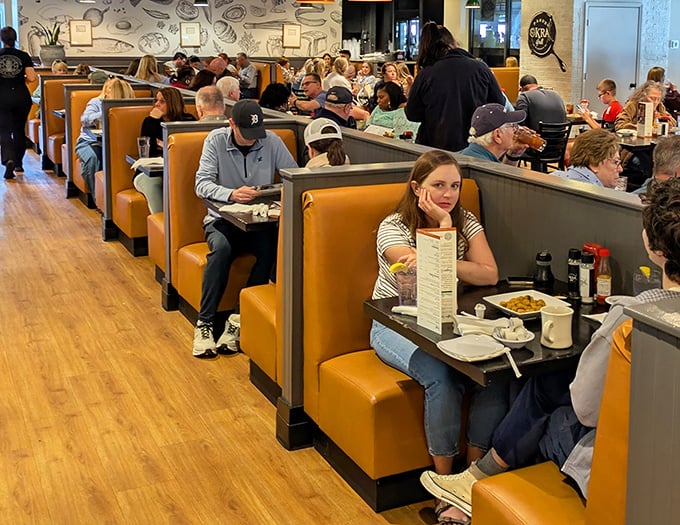 Comfortable booths lined with caramel-colored upholstery invite you to settle in and stay awhile. Some of life's best conversations happen in these seats.
