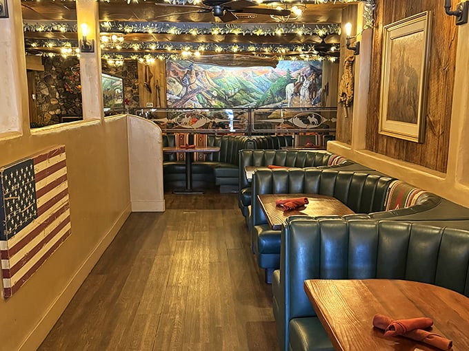 Booth seating that invites you to settle in for the long haul while tackling that buffalo ribeye.