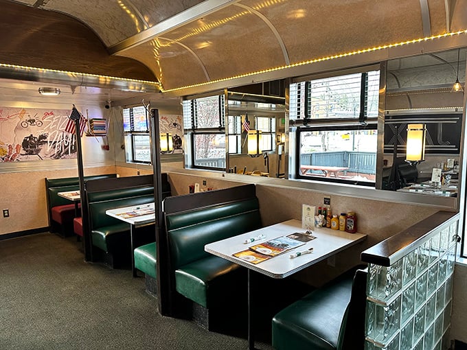 Green vinyl booths invite you to slide in and stay awhile &ndash; calories consumed in a vintage diner officially don't count.