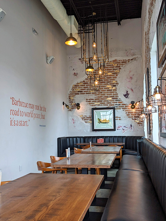 "Barbecue may not be the road to world peace, but it's a start." Words to live by in a dining space where comfort meets style.