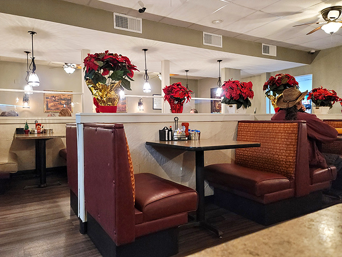 These booths, adorned with festive poinsettias, have witnessed countless family celebrations, first dates, and "I shouldn't have another bite but watch me" moments.