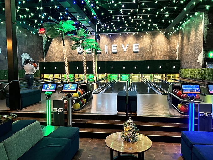 "BELIEVE" the sign says, and you will &ndash; in the power of bowling to make adults giggle like kids. Sleek lanes under twinkling lights redefine date night.