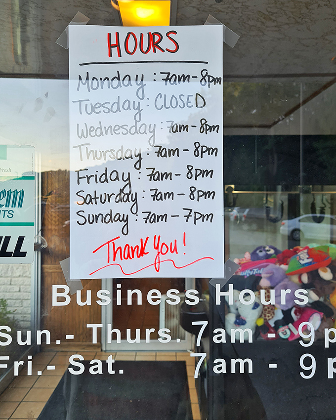 The handwritten hours sign—complete with a heartfelt "Thank You!"—tells you everything about the place before you've tasted a single bite.