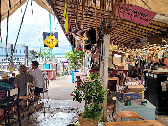 Lake Superior views with a side of whimsy. This corner spot offers the perfect vantage point for watching boats while contemplating clever signage.