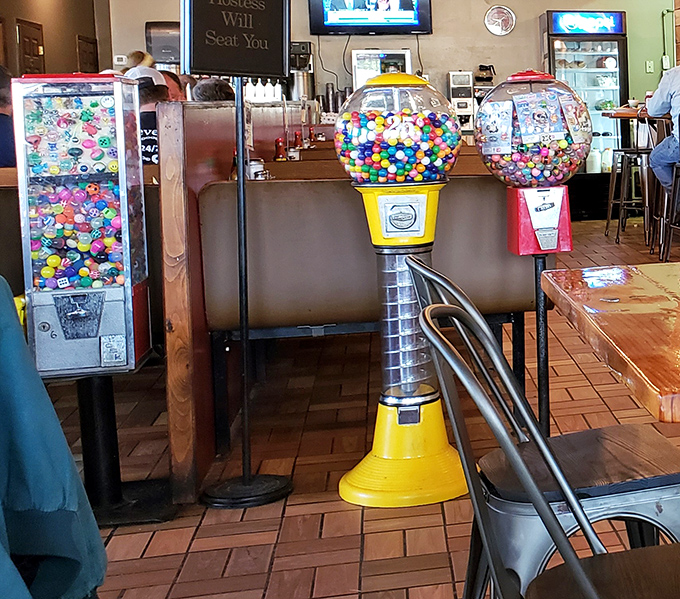 Childhood nostalgia in mechanical form! These candy machines stand ready to transform quarters into post-breakfast treats.