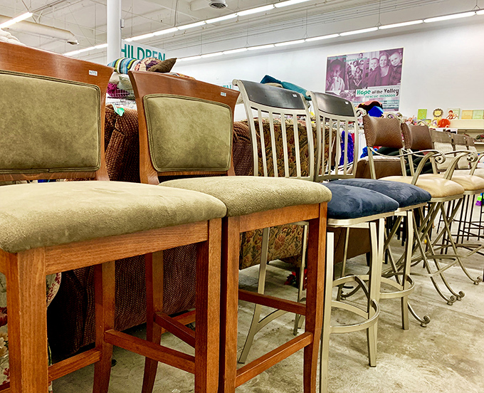 Bar stool lineup that looks like they've been plucked from every neighborhood pub that closed since 1975.