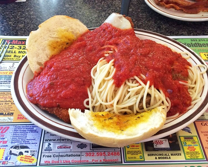 Spaghetti swimming in marinara with garlic bread lifeguards standing by &ndash; proof that diners do Italian comfort food just as well as breakfast.