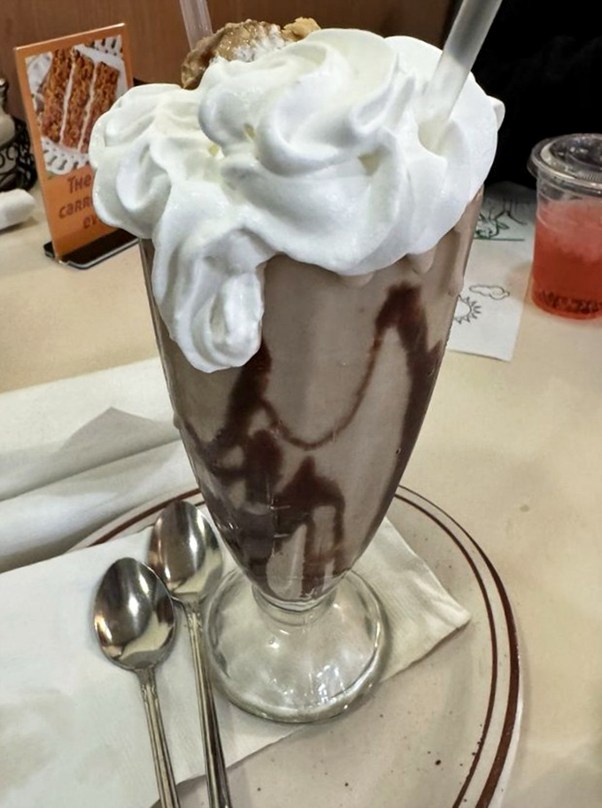 A chocolate milkshake tall enough to have its own zip code, crowned with whipped cream worthy of royalty.
