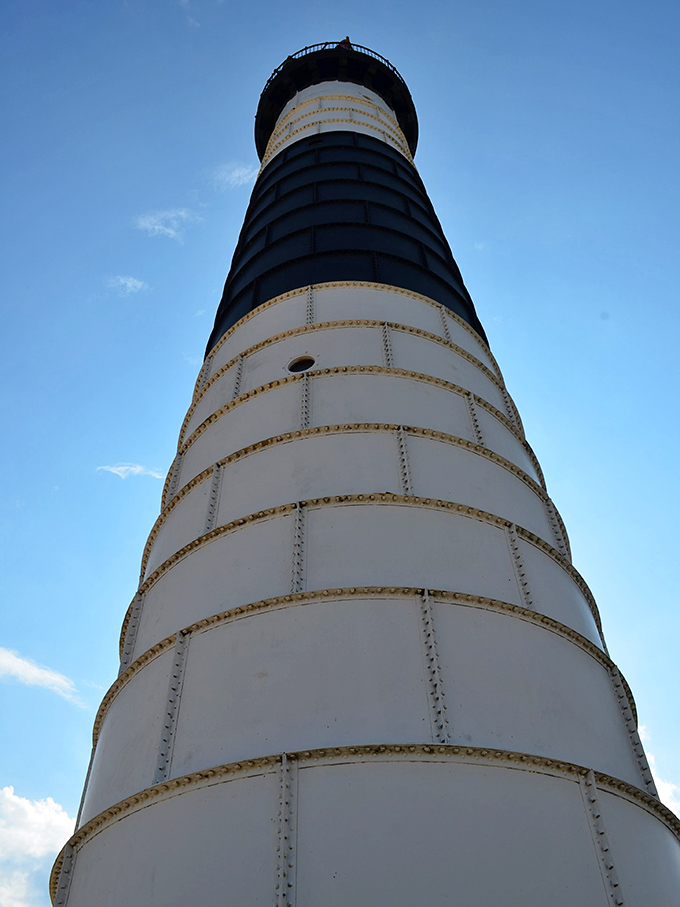 Engineering marvel meets artistic design: the steel plates and rivets create a pattern as functional as it is beautiful.