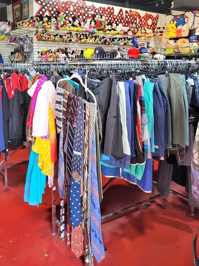 The clothing section doubles as a Disney character observation deck. Shop for vintage threads while Mickey and friends watch from above.