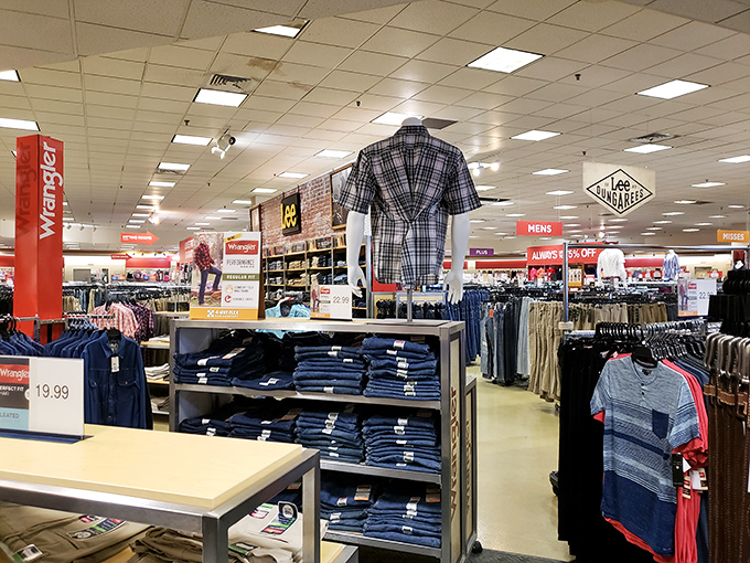 Wrangler's display reminds us that in the hierarchy of shopping needs, a good pair of jeans ranks just below oxygen and coffee.