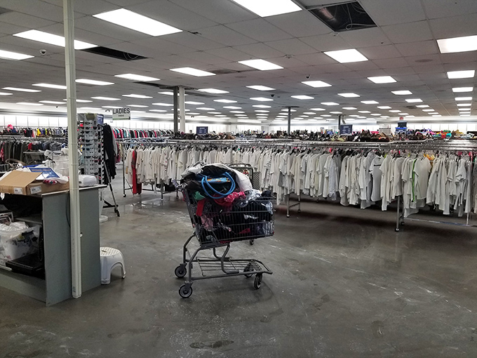 A sea of white shirts creates a retail snow field, with hidden designer gems waiting to be discovered by patient shoppers.