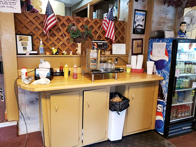 The condiment station&mdash;where American flags stand guard over the mustard and ketchup like sentinels of breakfast patriotism.