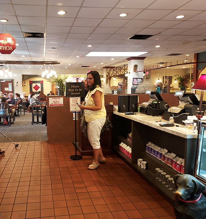 The welcoming counter where food dreams begin. Even the service dog knows this is the gateway to deliciousness.