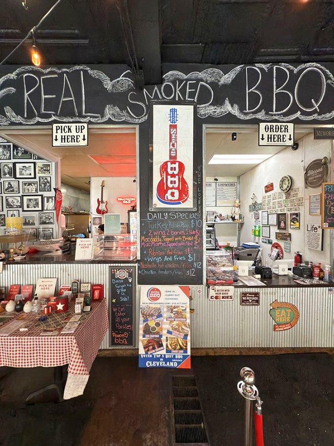 The chalkboard specials and guitar-shaped sign announce: this isn't just a restaurant, it's a barbecue concert where the food hits all the high notes.