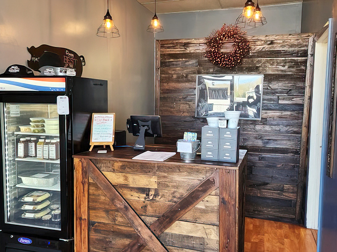 The rustic wooden counter where barbecue magic begins. Like walking up to the pearly gates, if heaven smelled like smoked meat.